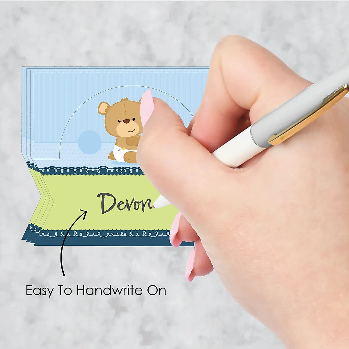 Big Dot of Happiness Baby Boy Teddy Bear - Baby Shower Tent Buffet Card - Table Setting Name Place Cards - Set of 24