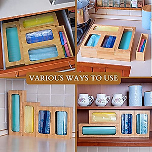 Ziplock Bag Storage Organizer -5 Bamboo Wood Container & Bag Clips, Fit Gallon Quart Sandwich Snack Zip Bags From Ziploc & All Brands, Kitchen Drawer Food Baggie Holder, Plastic Bag Slider Dispenser