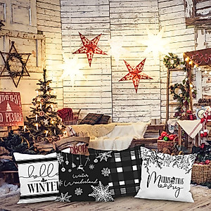 Lanpn Hello Winter Merry Christmas Throw Pillow Covers 20x20 Set of 4, Decorative Black and White 20 inch Xmas Holiday Cushion Pillow Cases Home Outside Porch Decor Decorations