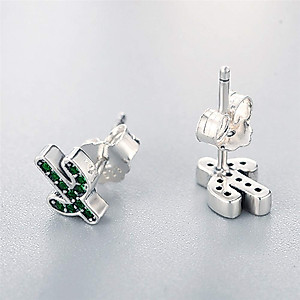 BISAER Cactus 925 Sterling Silver Stud Earrings with Green Cubic Zirconia, Green Plants Post Stud Earring Hypoallergenic Jewelry for Women