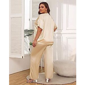 Ekouaer Women Plus Size Pajamas Silk Satin Pajama Pants Set Pjs for Women Satin Loungewear Sleepwear Lounge Set Champagne 18W
