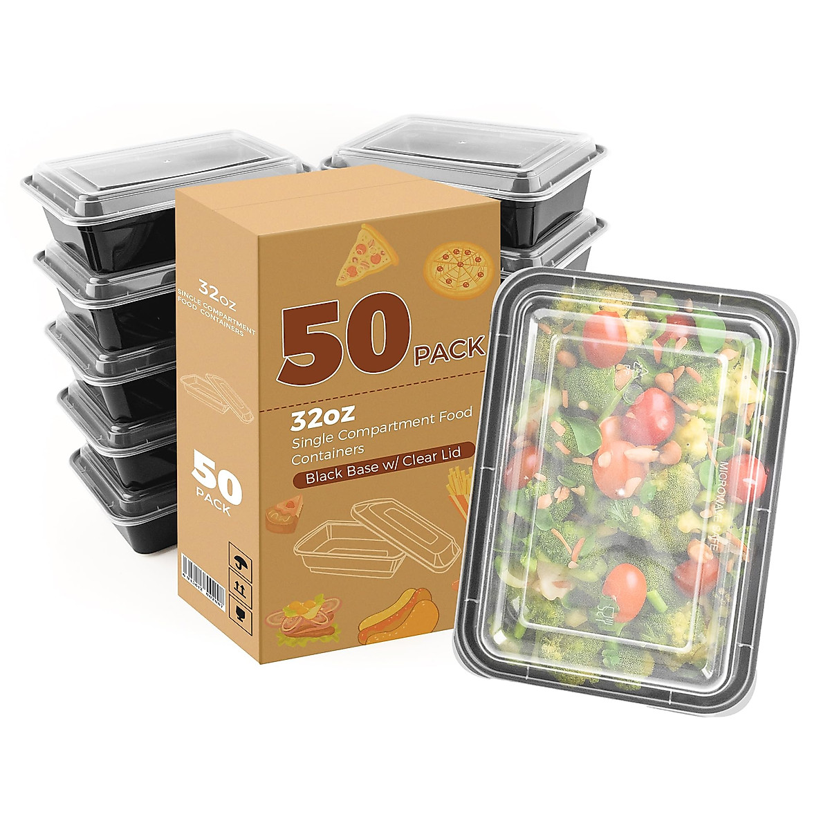 Golden State Art, 50 Pack 32 Oz Meal Prep Container, 1-Compartment Food Container Box with Lid, BPA Free, Freezer, Microwave, Dishwasher Safe