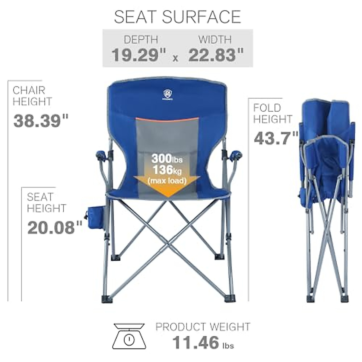 EVER ADVANCED Folding Camping Chair with Cup Holder Quad Padded Arm, Outside Portable Collapsible Steel Frame Oversized Heavy Duty Supports 300 lbs