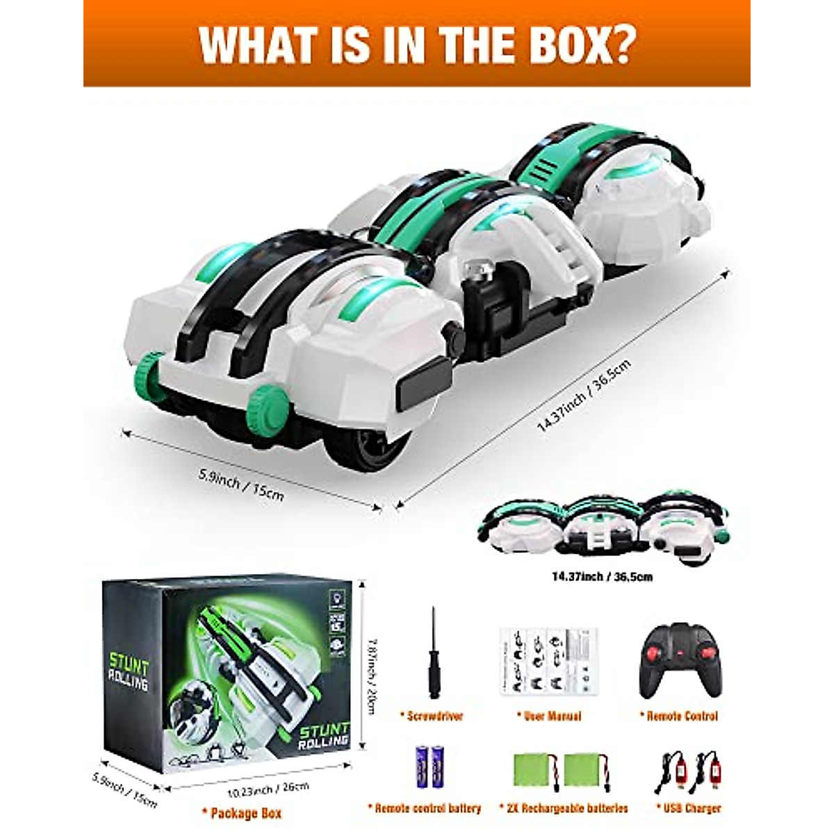 BAZADER RC Cars with LED Lights - Remote Control Car Snake 360° Roll Toys, Birthday for Kids Age 7 8 9 10 11+ Year Old, 2 Batteries 30+min, Indoor/Outdoor Toys for 6-12 yr Teen Boys