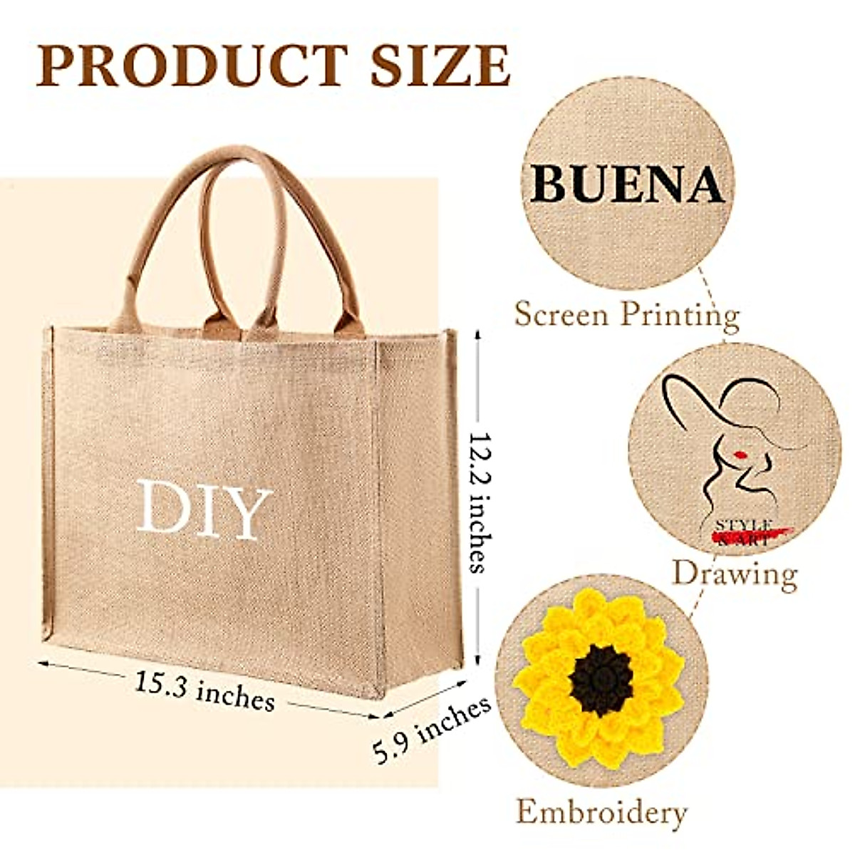 10 Pack Burlap Tote Bag Set Jute Tote Bags with Handles Blank Large Burlap Reusable Grocery Bags Water Resistant for Bridesmaid Gift Travel Shopping DIY Crafts Bags, 15.3 x 12.2 x 5.9 Inches