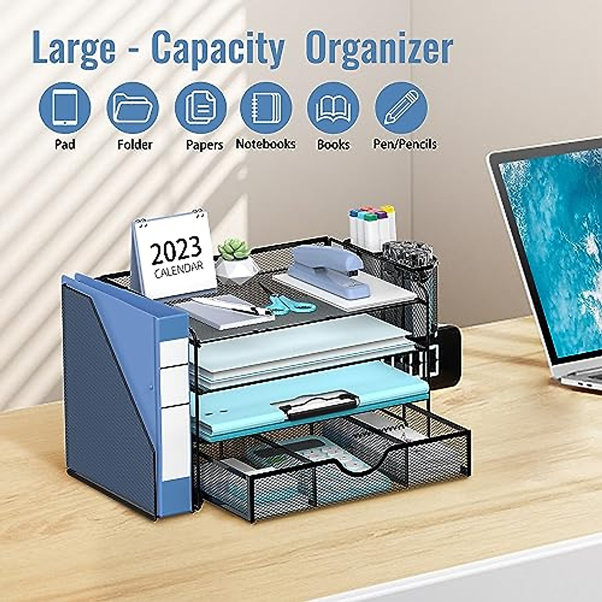 4 Trays Letter Tray Paper Organizer, Mesh Desk File Organizer with File Holder, Paper Sorter with 1 Extra Drawer & 2 Pen Holders, Desk Organizers and Accessories for Office Supplies, Black