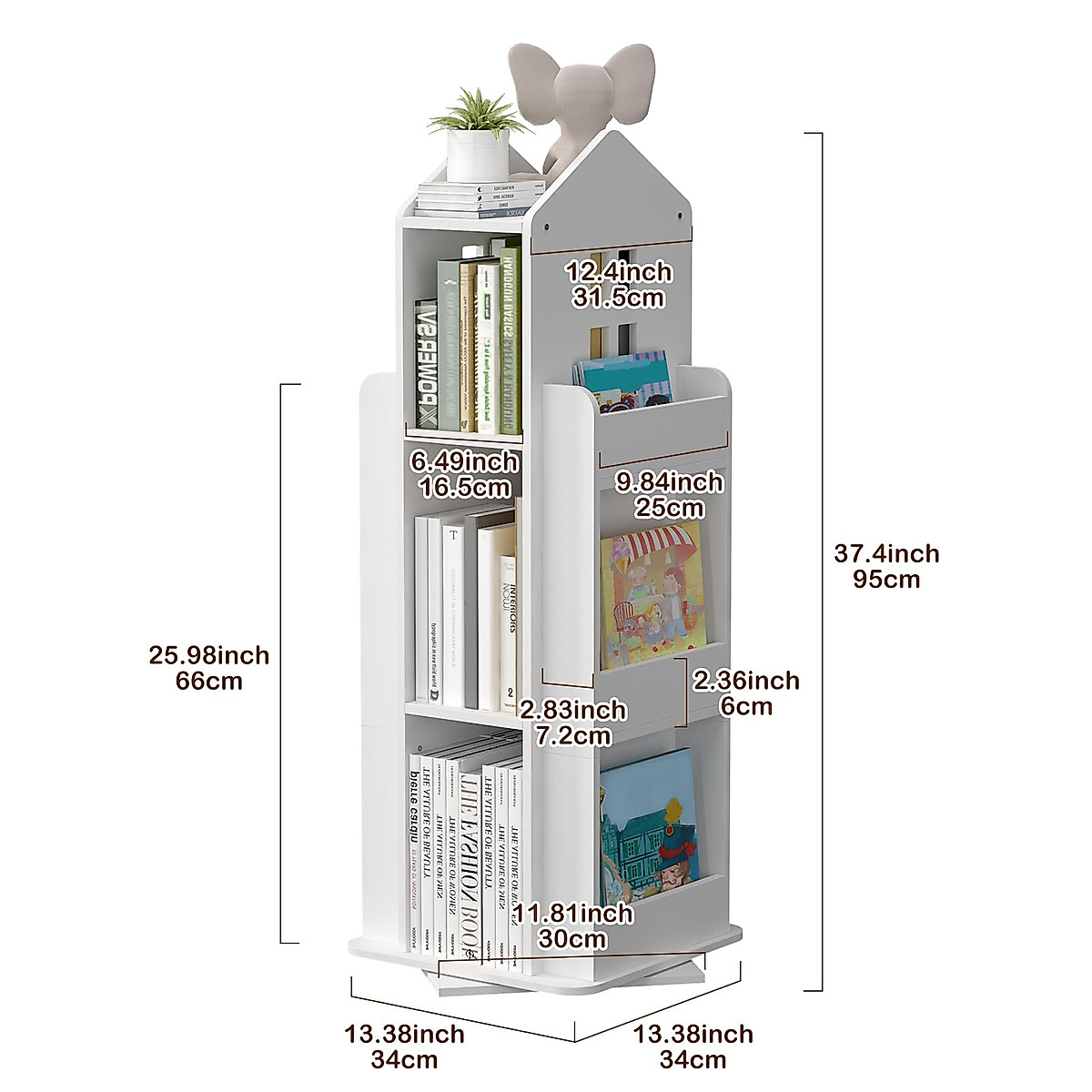Nisorpa Rotating Bookshelf 360° Display Floor Standing Bookcase Freestanding Storage Organizer Holder Book Rack for Kids Multi-Functional Bookshelf Organizer 37.4'' x 13.38'' x 13.38''