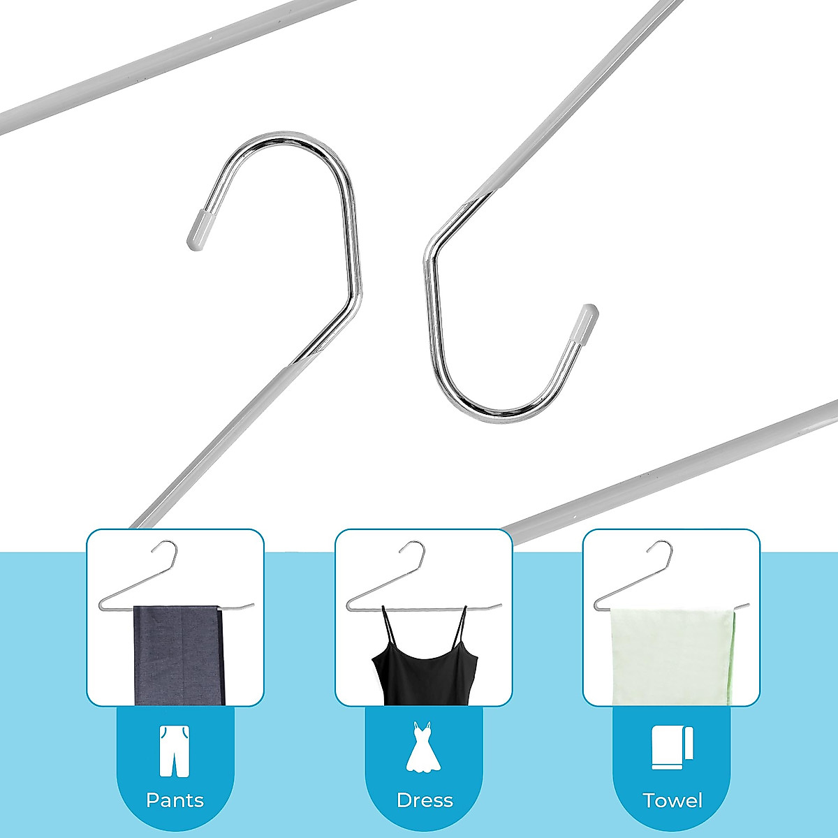 JS HANGER Open-Ended Pants Jean Hangers - 20 Pack Versatile Metal Non-Slip Hangers for Pants, Jeans, Trousers, Scarf - Space-Saving Clothes Hangers for Women Men, Grey, Gray