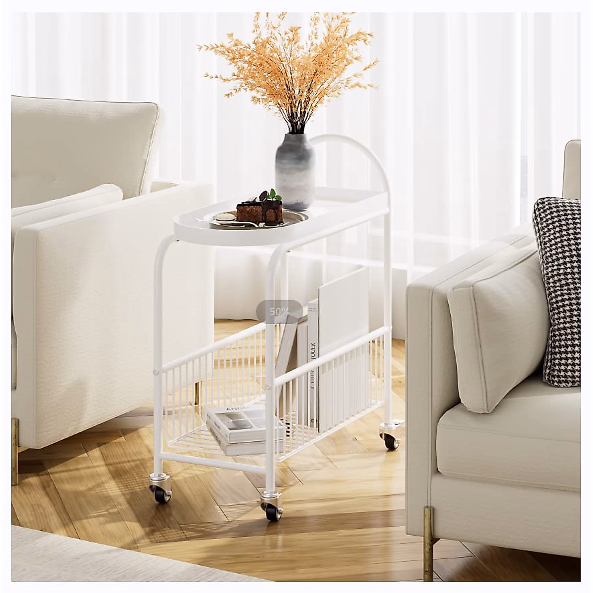 AEPOALUA Bar Cart, Mini Bar Cartwith Magazine Holder, Modern Two Tier Silver Bar Cart for Bedroom,Bathroom, Kitchen,Indoor, Patio White