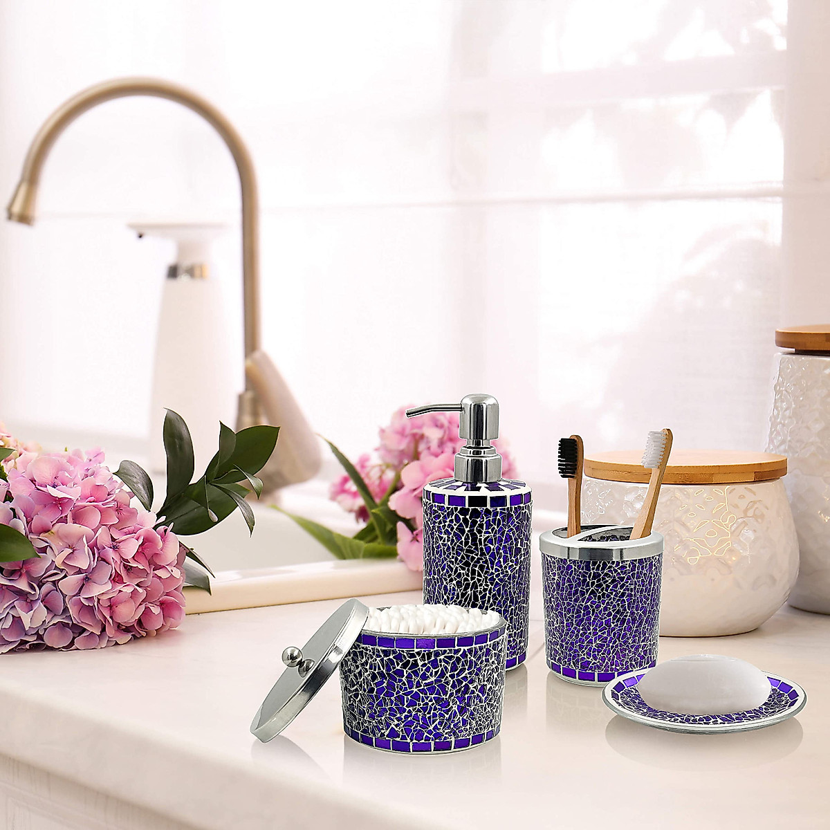 LushAccents Bathroom Accessory Set, 4-Piece Decorative Glass Bathroom Accessories Set, Soap Dispenser, Soap Tray, Jar, Toothbrush Holder, Elegant Seafoam Green Mosaic Glass