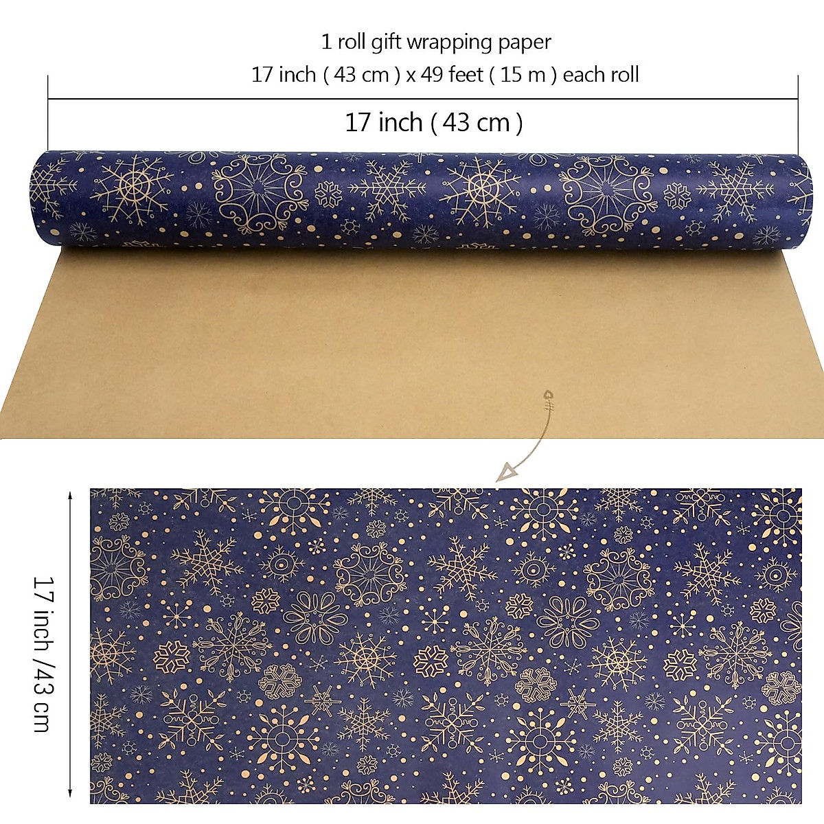 MAMUNU Christmas Wrapping Paper Roll, Navy Blue and Brown Kraft Gift Wrapping Paper Jumbo Roll, Snowflake Recycle Christmas Wrapping Paper for Gift Wrapping Arts Crafts Decorations, 17x590 Inch.