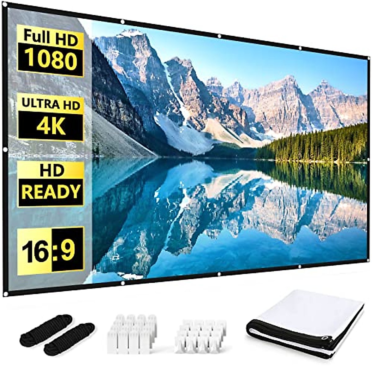 Projector with 120“ Projector Screen, Projector with WiFi and Bluetooth, Outdoor Projector with Portable Projector Screen, FUDONI Movie Projector Compatible w/iOS/Android/Win/PS5, Black
