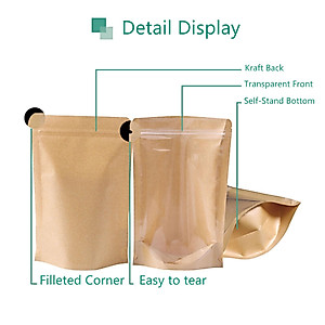 150pcs Kraft Bags With Window Clear Front 10”×14”,7”×10”,4.7”×7.8 ” Resealable Stand Up Zip Lock Craft Food Bags Zipper Brown Paper Pouches