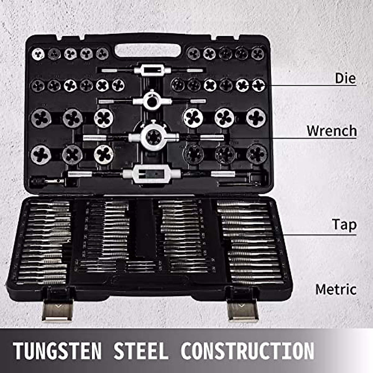 Happybuy 110Pcs Tap and Die Set, Include Metric Tap and Die Set M2-M18, Tungsten Steel Titanium Tap & Die Sets With Storage Case, Large Tap and Die Set For Cutting External & Internal Threads