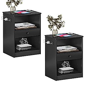 EPHEX Set of 2 Nightstand with Charging Station and Drawer, End Side Table with USB Ports & Power Outlet, Bedside Table Storage Cabinet with 2 Open Drawers for Bedroom, Black