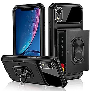SAMONPOW for iPhone XR Case Hybrid iPhone XR Wallet Case Card Holder with 360°Rotating Kickstand Heavy Duty Protection Shockproof Anti Scratch Soft Rubber Bumper Cover Case for iPhone XR 6.1" Black