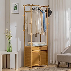 MoNiBloom Bamboo Free Standing Closet Organizer with Drawer, Clothing Rack with 1 Shelf, 1 Hanging Rods, 8 Hooks & Storage Cabient for Bedroom Living Room Office, Natural