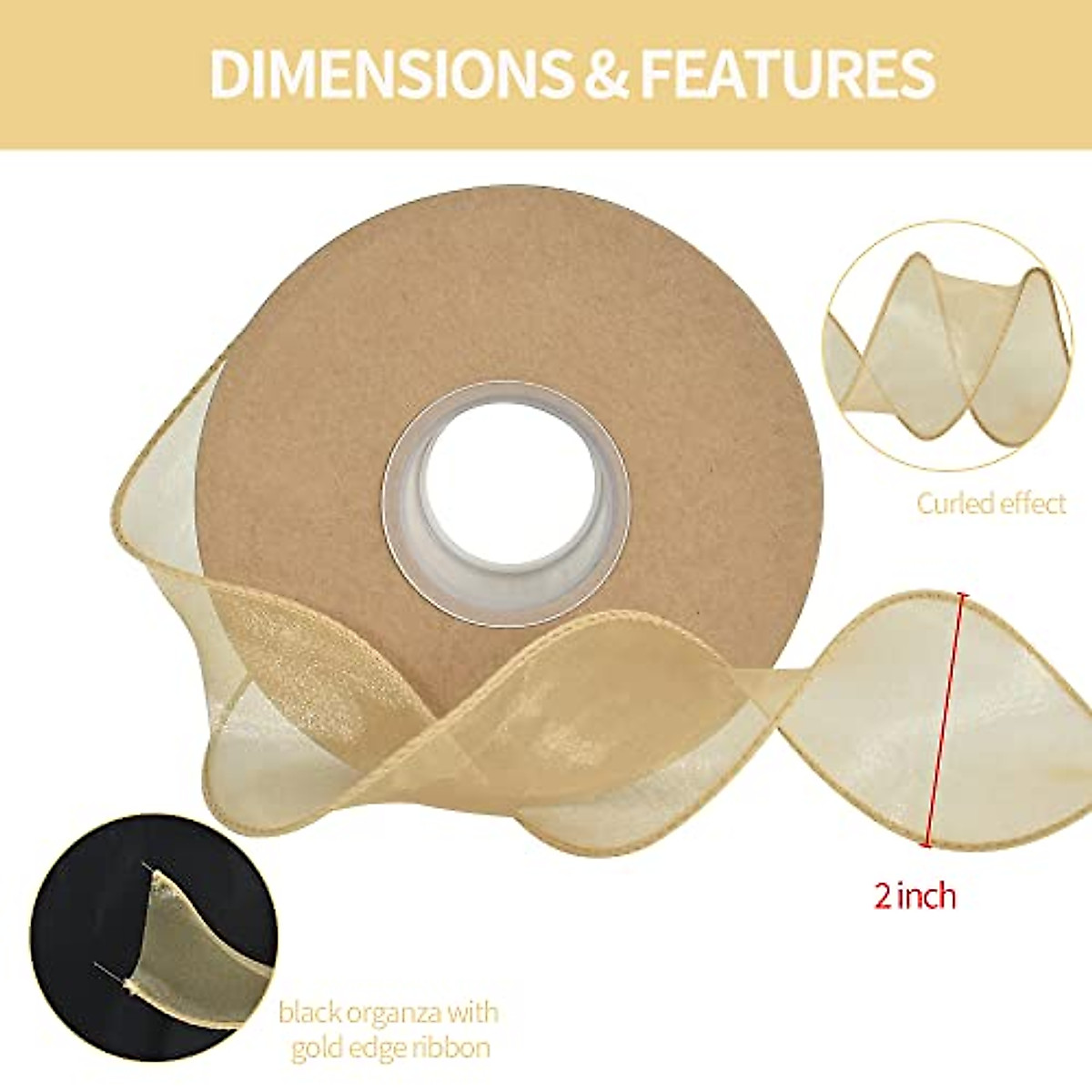 TONIFUL 1-1/2 Inch Wide Gold Wired Chiffon Ribbon Sheer Organza Ribbons for Crafts Floral Bouquets Wedding New Year Eve Party Decorations Valentine's Day Gift Wrapping Bow Making Tree Wreaths (10yd)