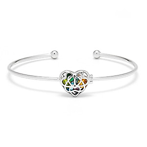EVE'S ADDICTION Women's Sterling Silver Heart Shaped Birthstone Cuff Bracelet - Personalized Locket Jewelry - Bracelet for Mom - Family Bracelet - Gift for Her - Gifts for Mom