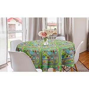 Ambesonne Car Race Track Round Tablecloth, Roadway Activity Sunny City Landscape Illustration with Farm Factory, Circle Table Cloth Cover for Dining Room Kitchen Decoration, 60", Multicolor