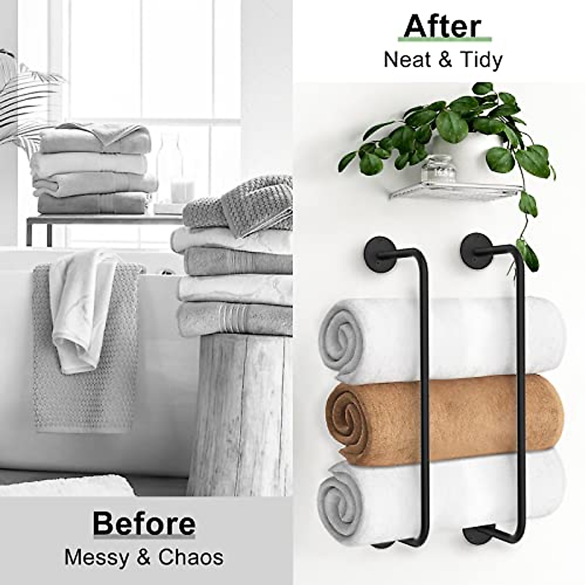 Towel Racks for Bathroom Wall Mounted，Towel Holder for Rolled Towels,Bathroom Towel Storage,Bath Towel Holder Organizer for Folded Large Towel Washcloths by WEKEY-Black