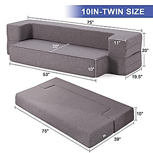 Lazyzizi Floor Sofa Bed, Fold Out Couch Bed with 2 Pillows & Washable Cover Convertible Sleeper Folding Sofa Bed Mattress for Living Room, Guest Bed, Playroom 10inches Twin