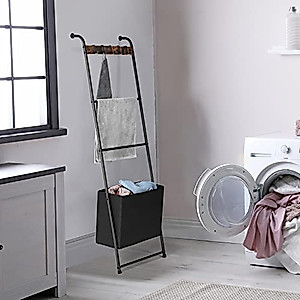 Metal Blanket Ladder Towel Rack Bathroom Towel Holder Wall Leaning Blanket Ladder with Storage Bin Decorative Ladder Rack for Pool Drying Bar for Towels Quilt Storage Organizer with Hooks, Black