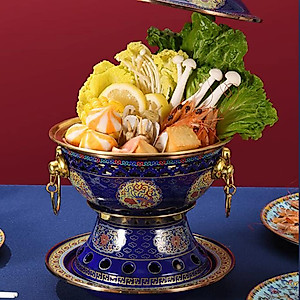 Chafing Dishes Single Person Small Hot Pot Cloisonne Copper Hot Pot, Commercial Household Cooking Pot, Anti Scalding Handle (Color : blue, Size : 20.5 * 25cm)