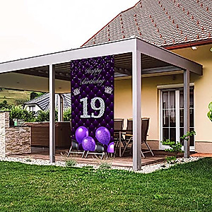 Happy 19th Birthday Purple Banner Backdrop Photo Booth Props Balloons Silver Crown Theme Decor for Woman Nineteen Year Anniversary 19 years Old Birthday Party Favors Supplies Decorations