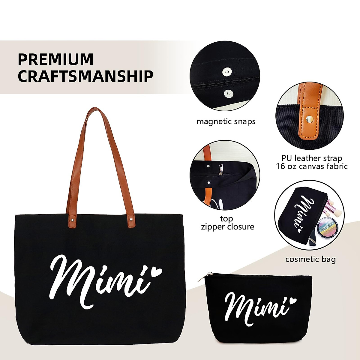 Lamyba Mothers Day Gifts for Mimi, Mini Gifts, Gifts for Mimi Grandma, Mimi Birthday Gifts, Mimi Tote Bag with Zipper, Black