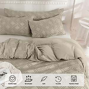 JELLYMONI Khaki Duvet Cover Full Size - 3 PCS Microfiber Tufted Duvet Cover Set, Boho Textured Duvet Cover Jacquard Rhombus Geometric Pattern Duvet Cover with Corner Ties & Zipper Closure