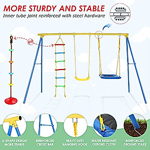 4 in 1 Swing Set for Backyard, Heavy Duty A-Frame Metal Outdoor Stand, 550 lbs Weight Capacity Adjustable Playground Playset for Kids Toddlers with 2 Swing Seat, Climbing Ladder and Climbing Rope
