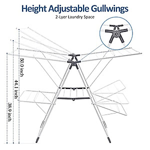 TOOLF Clothes Drying Rack, Clothes Rack, Foldable 2-Level Laundry Racks for Drying Clothes, with Height-Adjustable Wings, Indoor/Outdoor Portable Dryer for Clothing and Towels, White