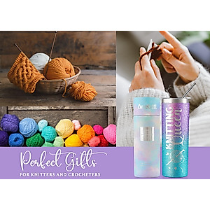 Onebttl Knitting Gifts for Women, Crochet Lovers - Knitting Queen - 20oz/590ml Stainless Steel Insulated Tumbler with Straw & Lid, Crochet Gift for Birthday, Christmas (Glitter Purple Blue)