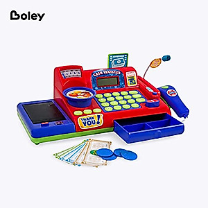 Boley Kids Toy Cash Register Set - Interactive 19pc Red Playset with Scanner, Microphone, Calculator, Play Money, Credit Card Reader, Grocery Items, Ideal for Boys & Girls Ages 3+