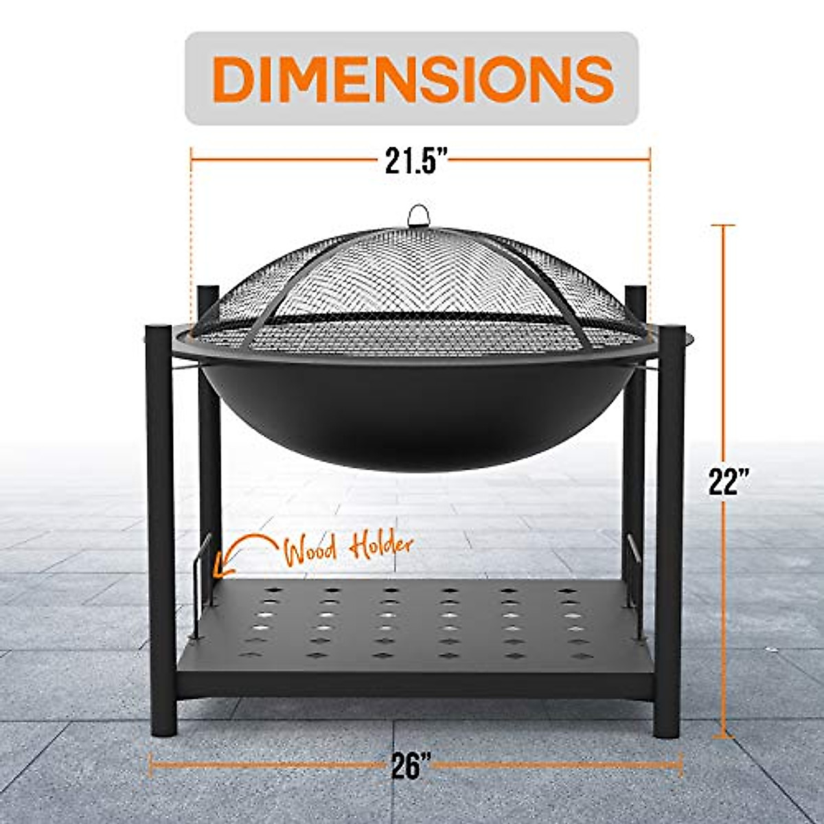 SereneLife Portable Outdoor Wood Fire Pit - 2-in-1 Steel BBQ Grill 26" Wood Burning Fire Pit Bowl w/ Mesh Spark Screen, Cover Log Grate, Wood Fire Poker for Camping, Picnic, Bonfire - SLCARFP54