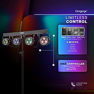 DragonX 4 Gigbar DJ Stage Light Stands with DMX LED, Mobile DJ Lighting Packages, Par Can Spotlight, Sound Activated Strobe for Party, Wedding, Church, DJ Stand for Lights