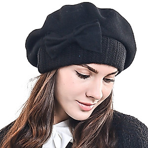 F&N STORY Lady French Beret Wool Beret Chic Beanie Winter Hat Jf-br034 (HY022-Black)