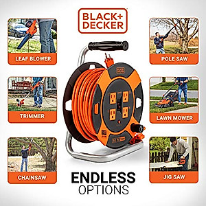 BLACK+DECKER 50 Ft. Retractable Extension Cord Reel With 4 Outlets, Multi-Plug Extension, Easy Handle Rewind & Heavy-Duty 14AWG SJTW Cable