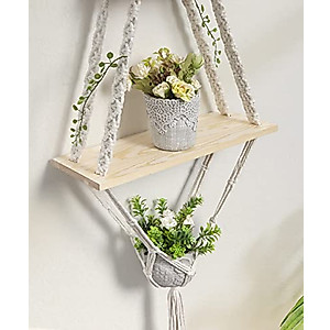 Afuly Macrame Hanging Shelves 2 Tiers Floating Shelf Natural Wood Wall Shelves Chic Boho Decor, Pine Wood Cotton Rope Bohemian Floating Plants Storage for Bedroom Bathroom Living Room, Beige
