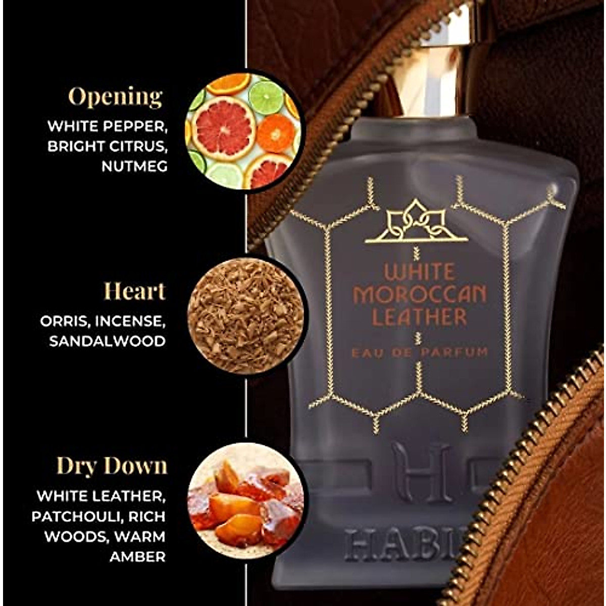 H HABIBI White Moroccan Leather - Eau de Parfum Fragrance for Men - Citrus, Spicy, Woody Fresh Scent. Long-Lasting, Unique Cologne perfect blend, Daytime, office and evening scent