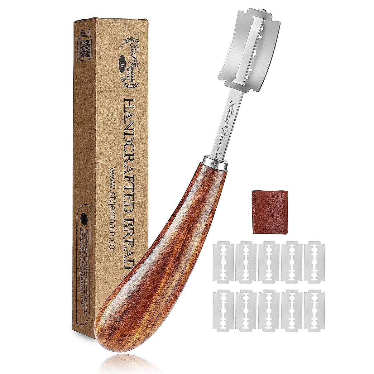 SAINT GERMAIN Premium Hand Crafted Bread Lame for Dough Scoring Knife, Lame Bread Tool for Sourdough Bread Slashing with Blades Included with Replacement with Authentic Leather (Style 1)