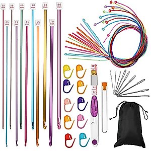Tunisian Crochet Hooks Set 2-8 mm Aluminum Afghan Crochet Hooks, 3.5-12 mm Plastic Cable Weave Knitting Needle with Storage Bag, Scissors, Stitch Markers, Blunt Needles, Measure Tape for Beginner