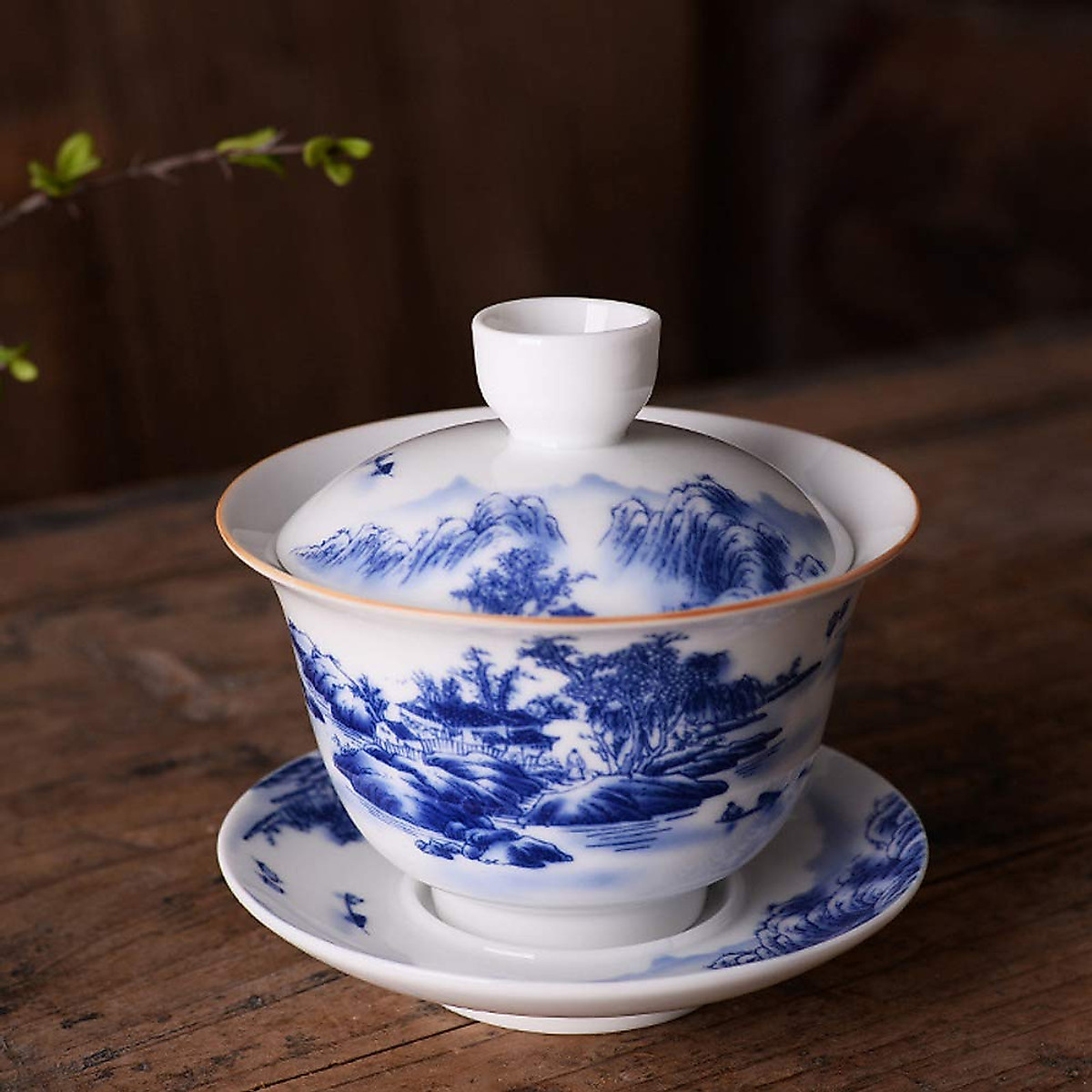 Jingdezhen Chinese Gaiwan Handmade 6.3oz/180ml Mountain Style China Blue and White Porcelain Gaiwan Kungfu Teacup Traditional Chinese Teaware Tea Set