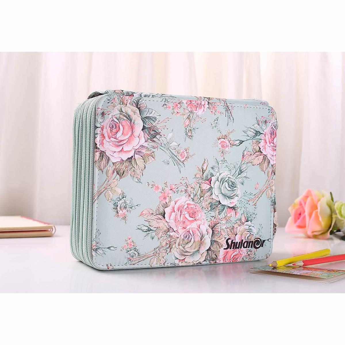 Shulaner 168 Slots Colored Pencil Case with Zipper Closure Large Capacity Oxford Pen Organizer Green Rose Pencil Holder for Artist