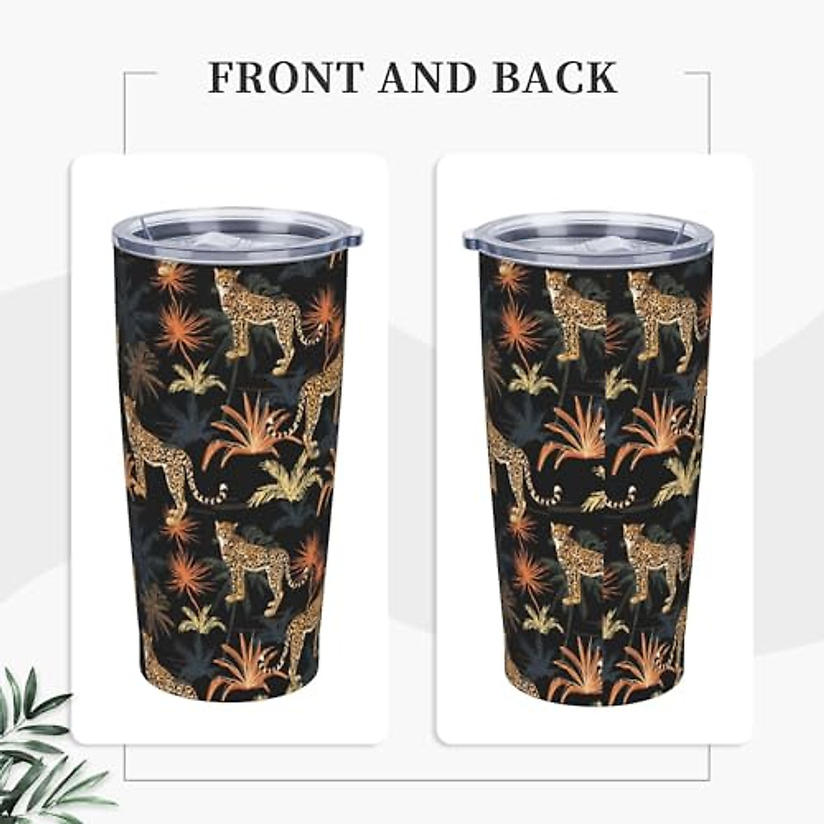 Yaxongx 20oz Tumbler Leopard Palm Tree Double Wall Vacuum Insulated Coffee Mug with Lid and Metal Straw Brush Reusable Stainless Steel Water Bottle Travel Cup Gifts for Car Ice Drinks Hot Beverage