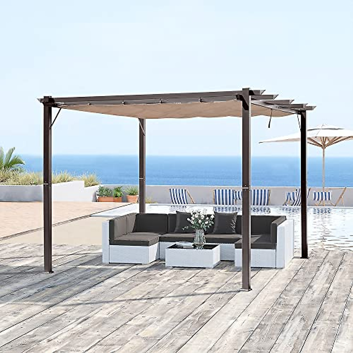 Outsunny 10' x 13' Outdoor Retractable Pergola Canopy, Aluminum Patio Pergola, Backyard Shade Shelter for Porch Party, Garden, Grill Gazebo - Brown
