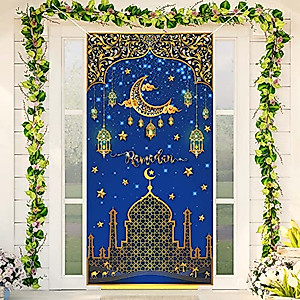 FARMNALL Eid Ramadan Mubarak Door Cover Ramadan Decorations Moon and Star Mosque Lattern Islamic Decorations Door Banner Holiday Decor Pattern Supplies for Home Office