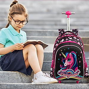 3 PCs Rolling Backpack with Lunch Bag Pencil Case, 16 inch Lightweight Roller Backpacks for Girls Elementary, PU Leather Backpack with Wheels for School Travel, 4+ years old, Black Unicorn