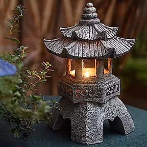 Statues De Lanterne De Pagode À Énergie Solaire, Ornements De Jardin De Lumière De Pagode De Style Japonais, pagode Vintage lumineuse autonome décorative Pour pelouse